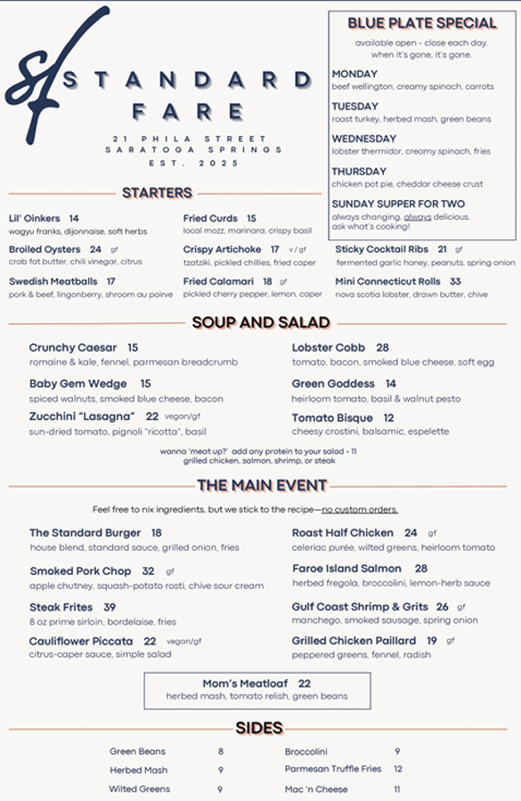 Standard Fare Unveils Menus - Saratoga TODAY newspaper